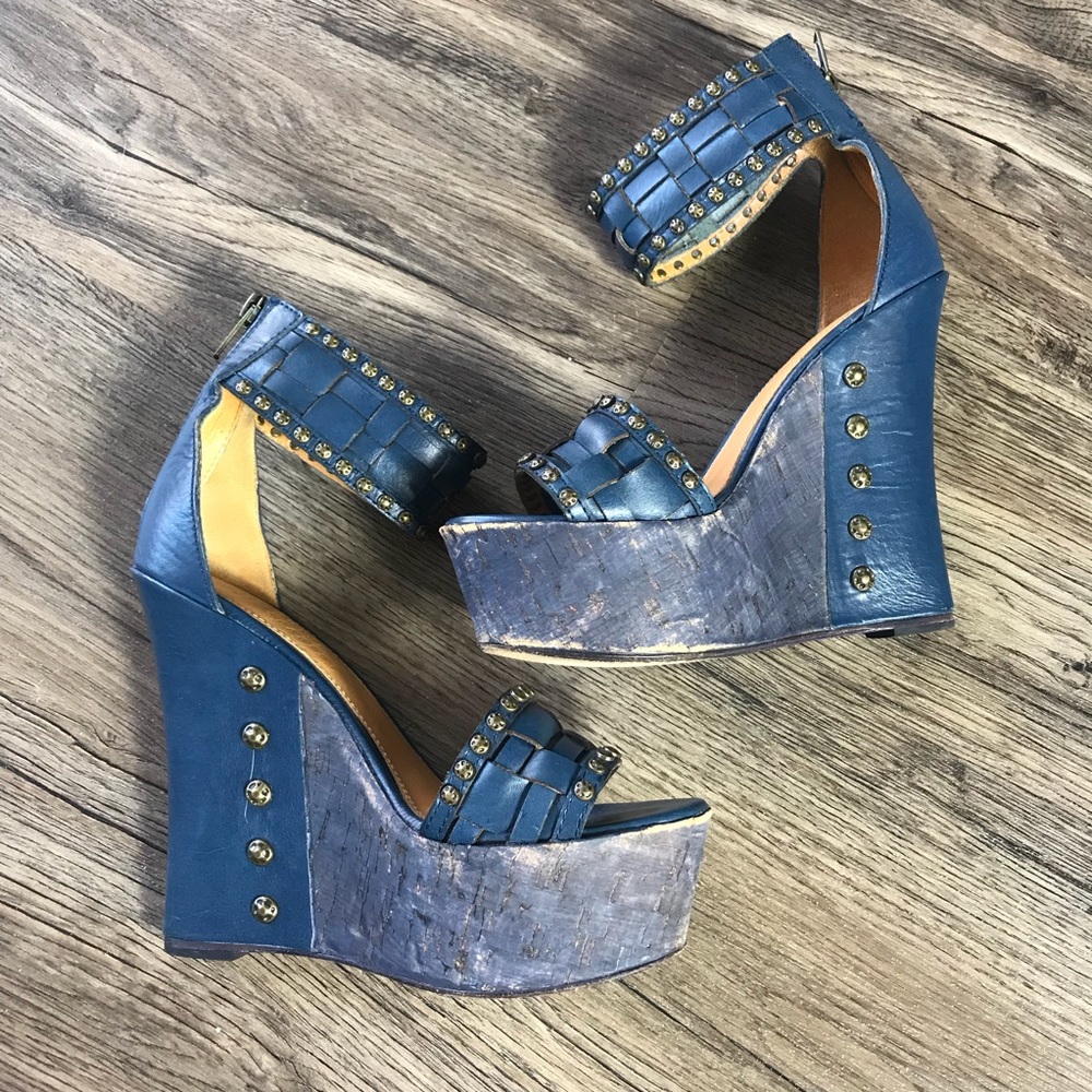 Eric Rutberg Blue Leather Metro Woven Wedge Sandal - Gem